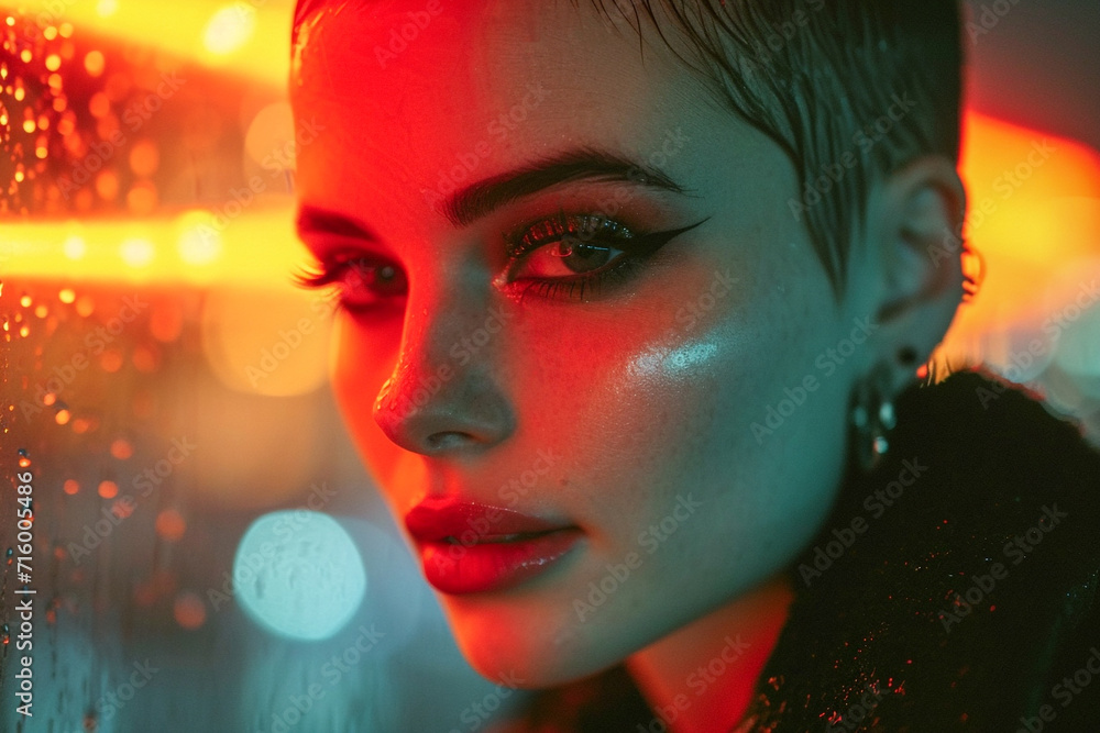 Young punk rock woman with a shaved head. Goth lifestyle. Neon ...