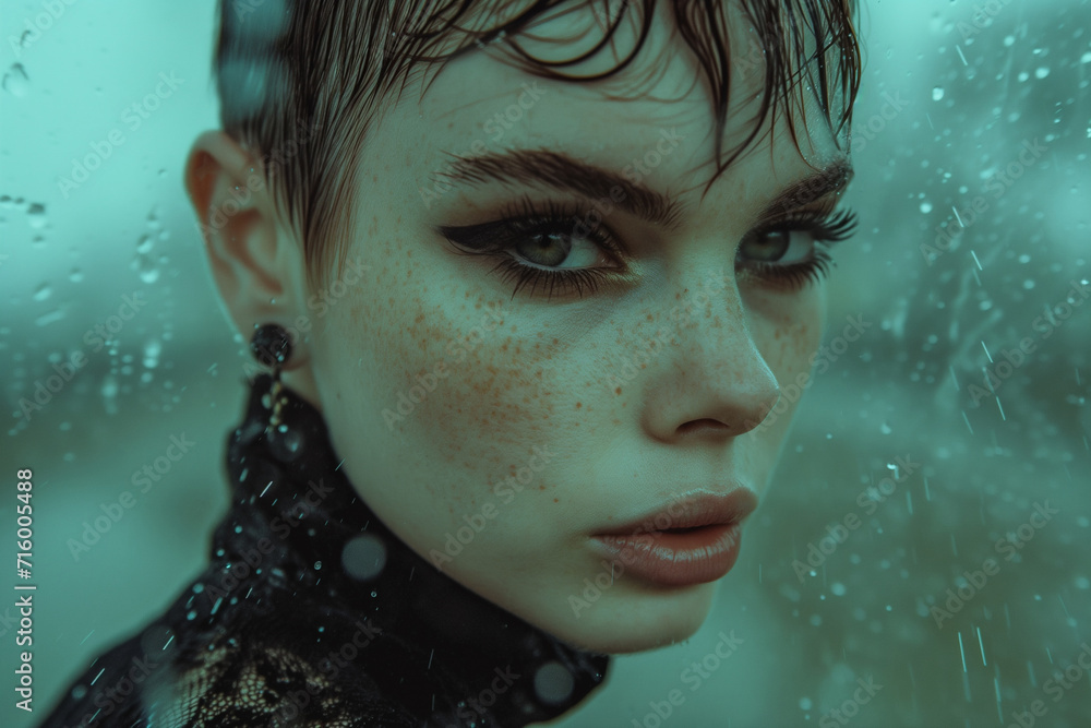 Young punk rock woman with a shaved head. Goth lifestyle. Rainy Coney ...