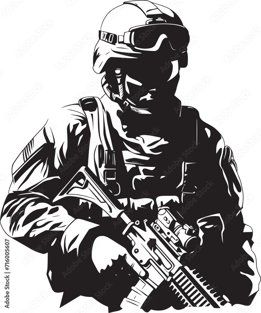 Tactical Vigilance Elegant Soldier with Gun Emblem in Vector Black ...