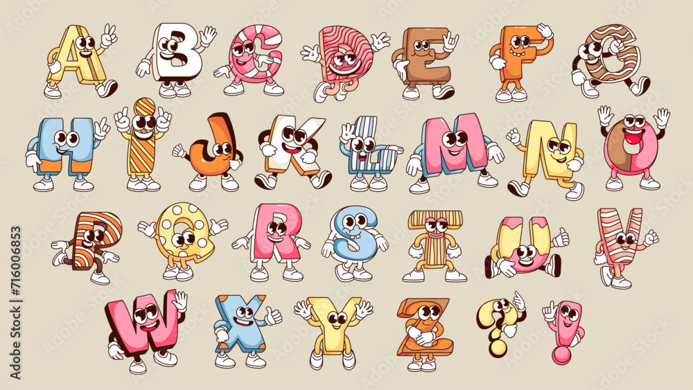 Poster Groovy alphabet letters cartoon characters set – Wall Art ...