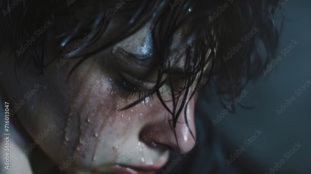 A vulnerable human face, adorned with sparkling water droplets ...