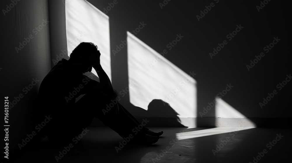 A solitary figure, bathed in shadows and surrounded by stark black ...