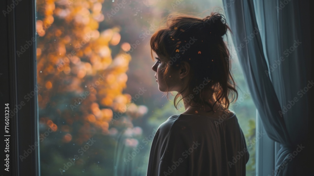 A young woman gazes wistfully through an indoor window, her autumn ...