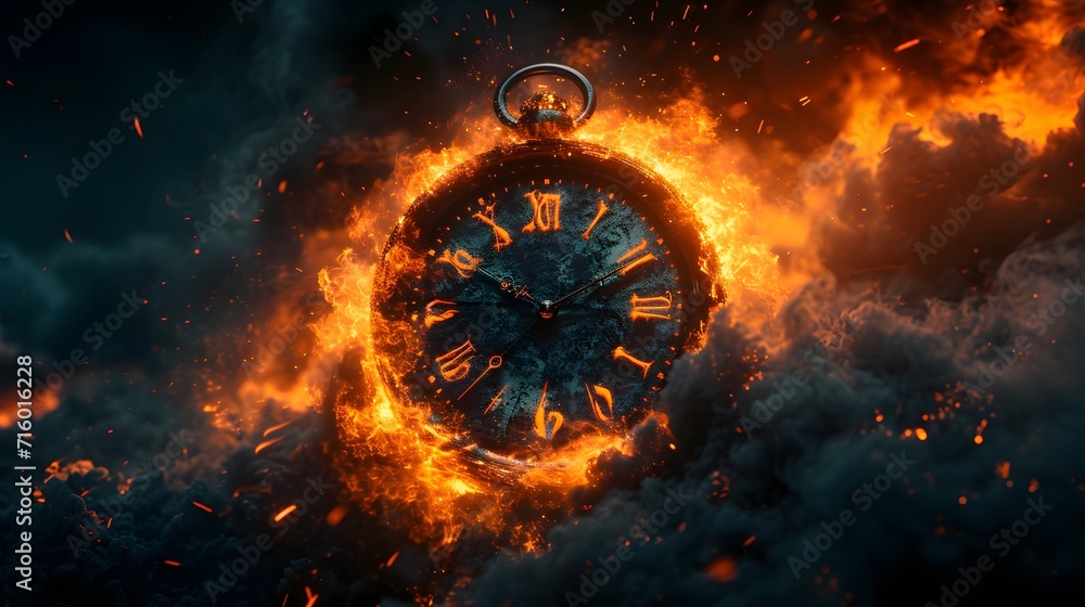 burning time in the fire, a clock is on fire with a dark background and ...