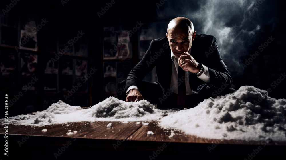 Mafia boss with huge pile of illicit drugs Stock Photo | Adobe Stock