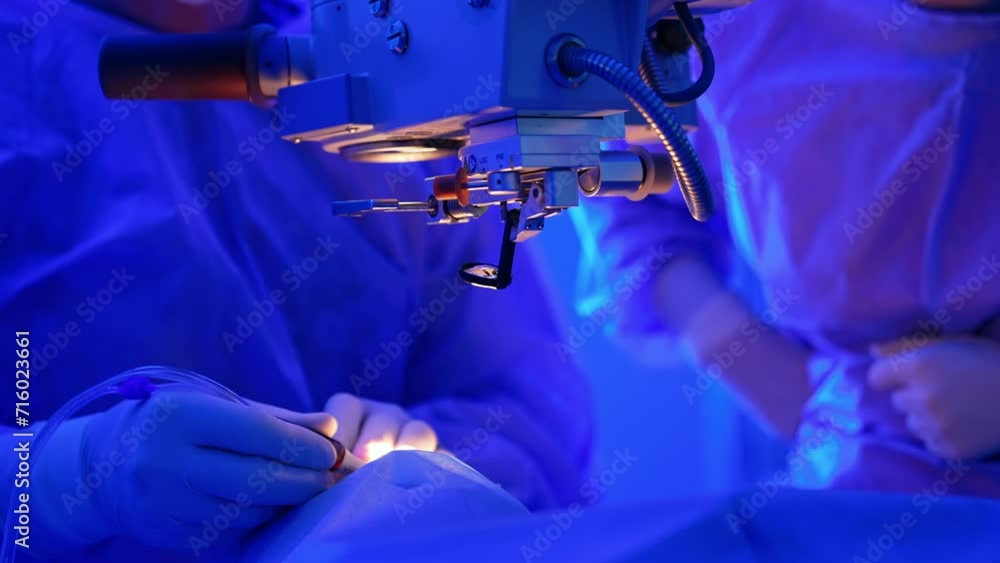 Surgeon works under the microscope highlighting the operational spot ...