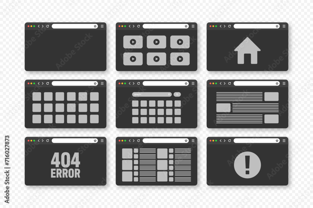 Web browser window, pages layout with toolbar and search field. Modern ...