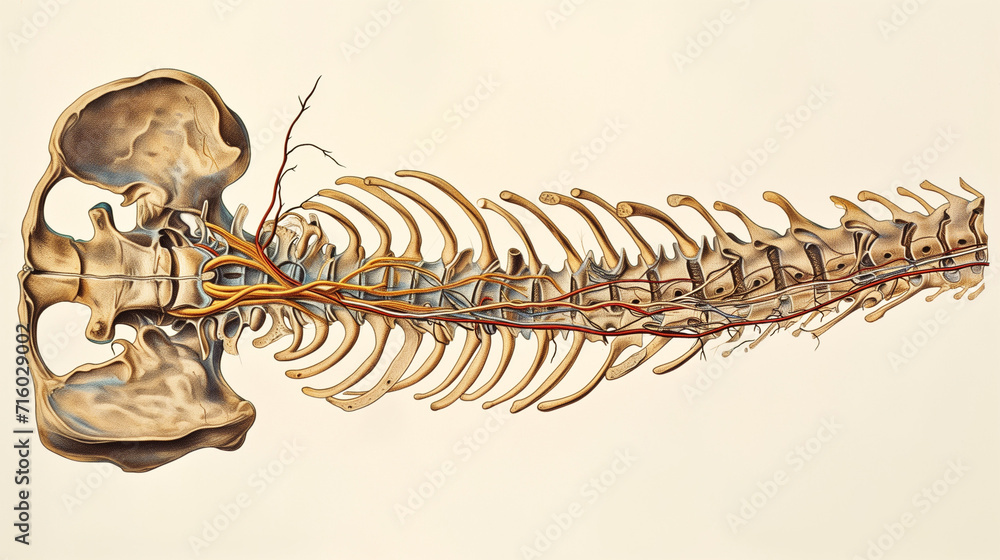 A cross-sectional illustration of the human spinal cord, featuring ...