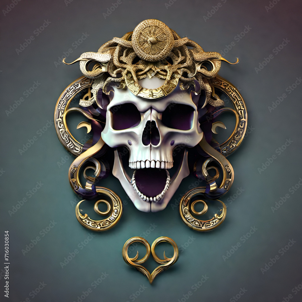 Skull of Roman and Greek Goddess Medusa featuring golden metallic hair ...