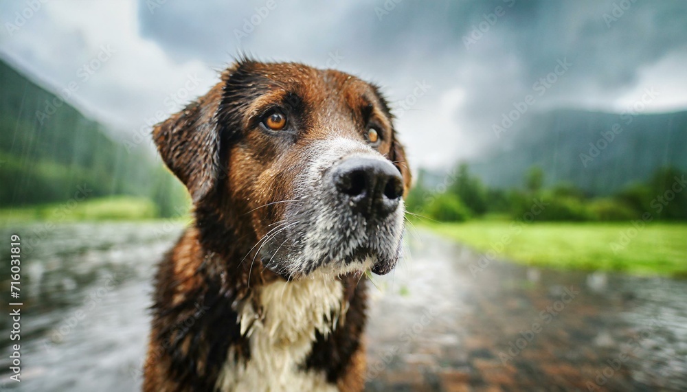 Sad dog portrait up close in rain with sad yellow eyes looking for ...