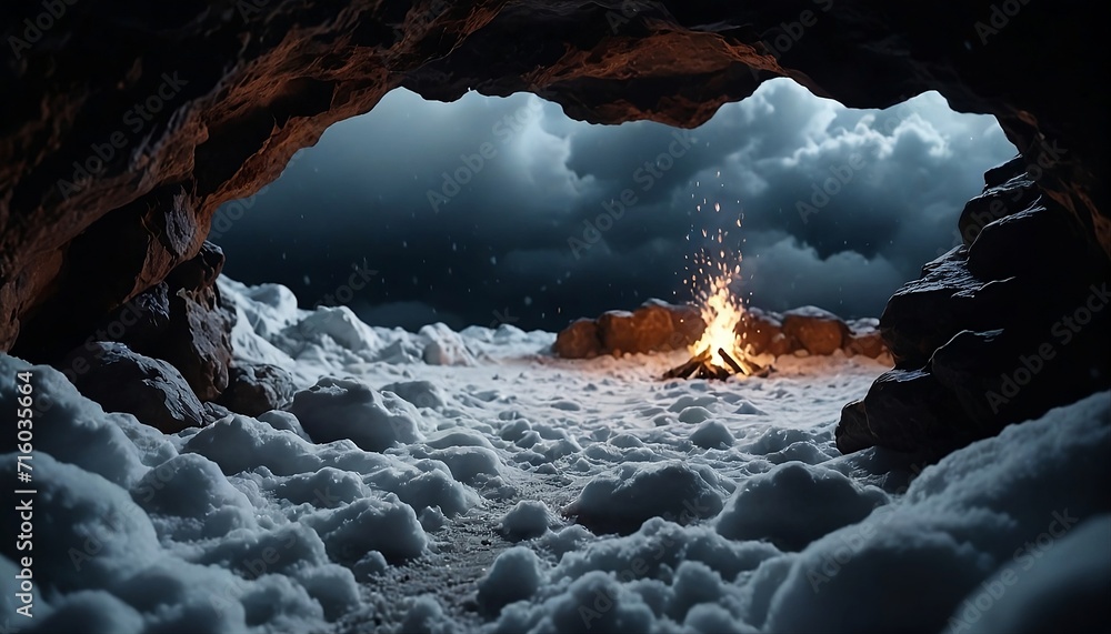 View from cave of night snow storm sky clouds, Inside of a cave, Very ...