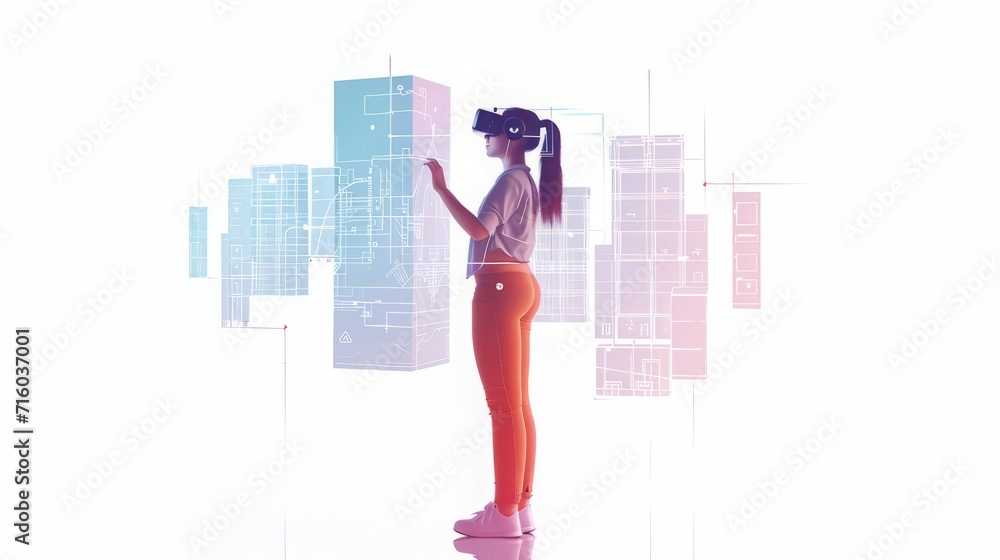 png white background, woman seeing holographic BIM model, in the style ...