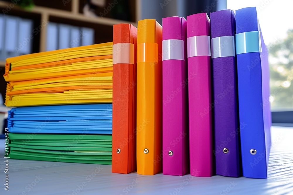 Office essentials Multi colored file folders neatly stacked on a table ... Office essentials Multi colored file folders neatly stacked on a table ...