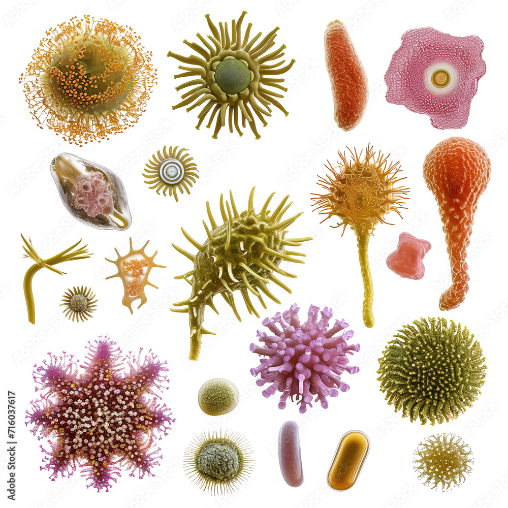 Collage set of microscopic pollen and spores plants reproductive ...
