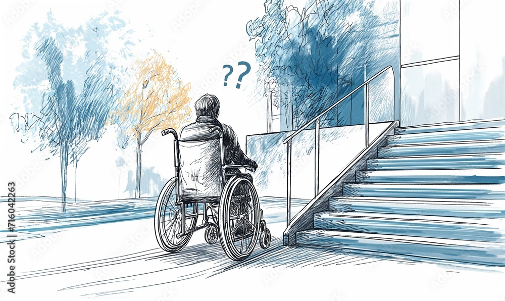 Person in wheelchair in front of the stairs, lack of access ramp for ...