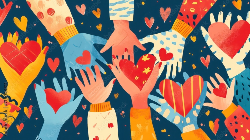 Group of diverse people with arms and hands raised towards a hand ...