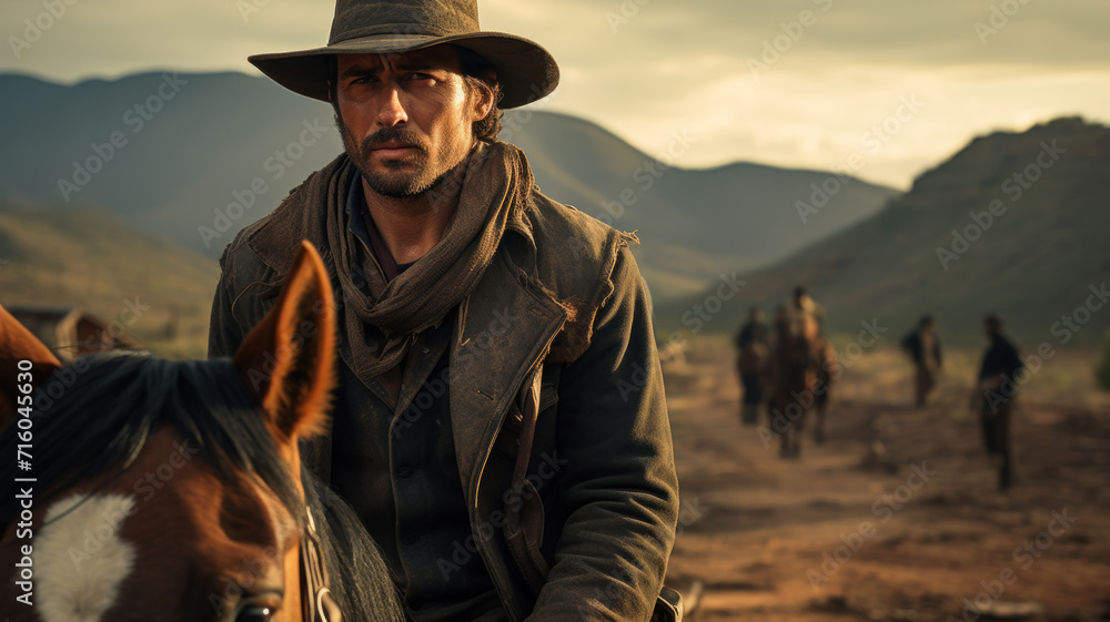 Cowboy or bandit riding horse, portrait of man wearing hats and vintage ...