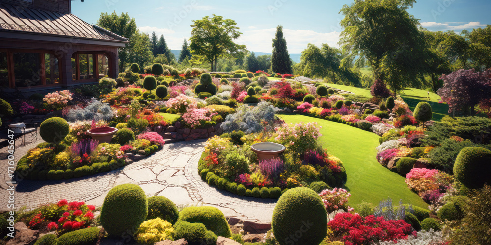 Winding tiled path at upscale home garden, luxury design of landscaped ...