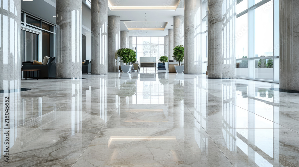 Interior of luxury lobby of commercial building, clean shiny floor in ...