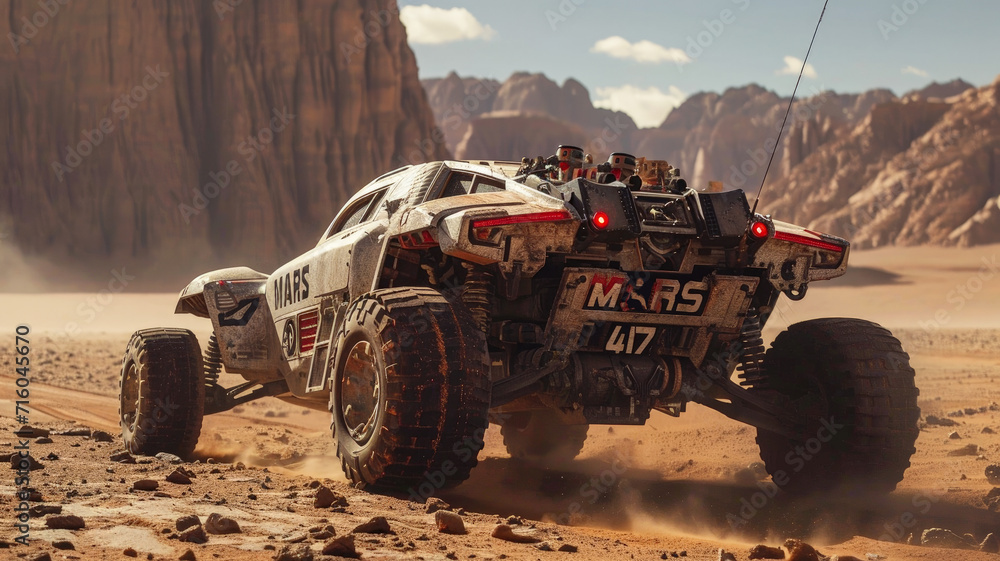 Vintage Mars rover driving down dusty road, old vehicle moves on ...