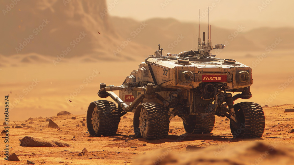 Mars rover moves on sandy surface, vintage vehicle in Martian desert ...