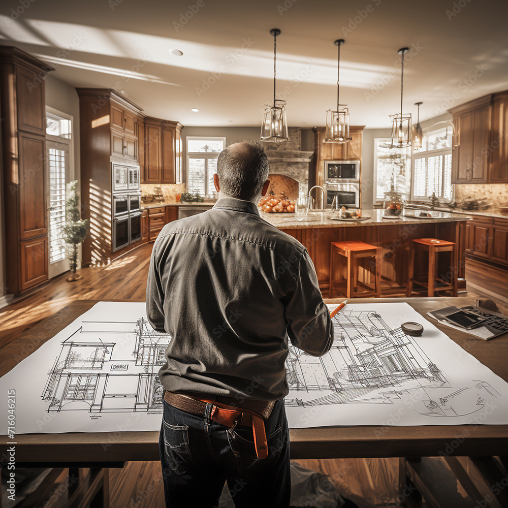 Mature contractor drawing on blueprints with a pencil, creating a home ...