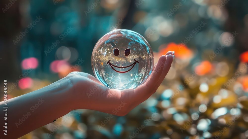 Self made hand draw, yellow ball with happy smiley face. Hand holding ...