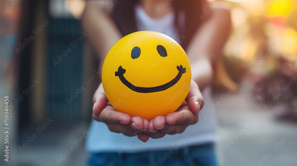 Self made hand draw, yellow ball with happy smiley face. Hand holding ...