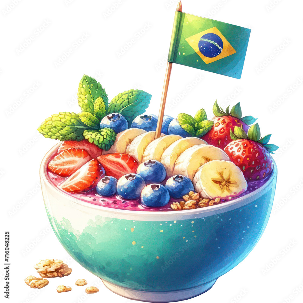 Açaí bowl, A vibrant breakfast açaí bowl with a tiny Brazil flag on a ...