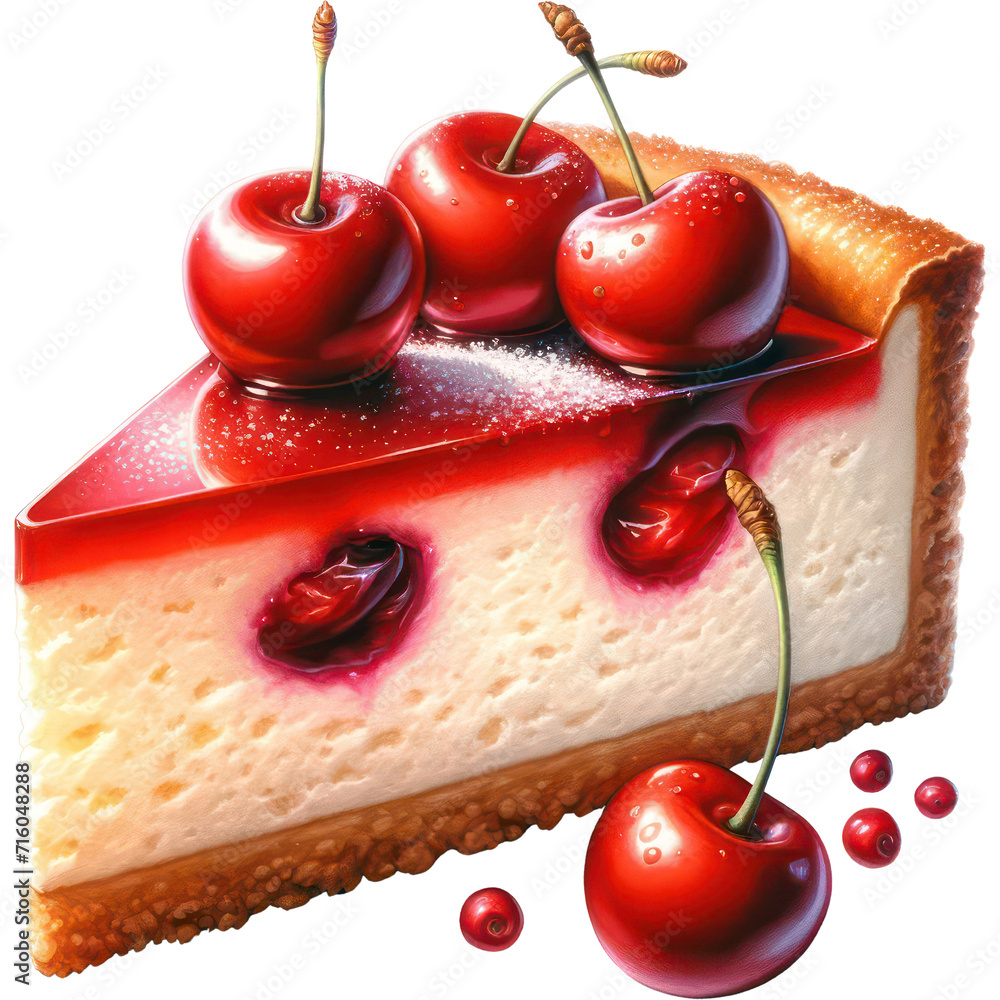 Cherry Cheesecake, A hyper-realistic watercolor painting of a slice of ...
