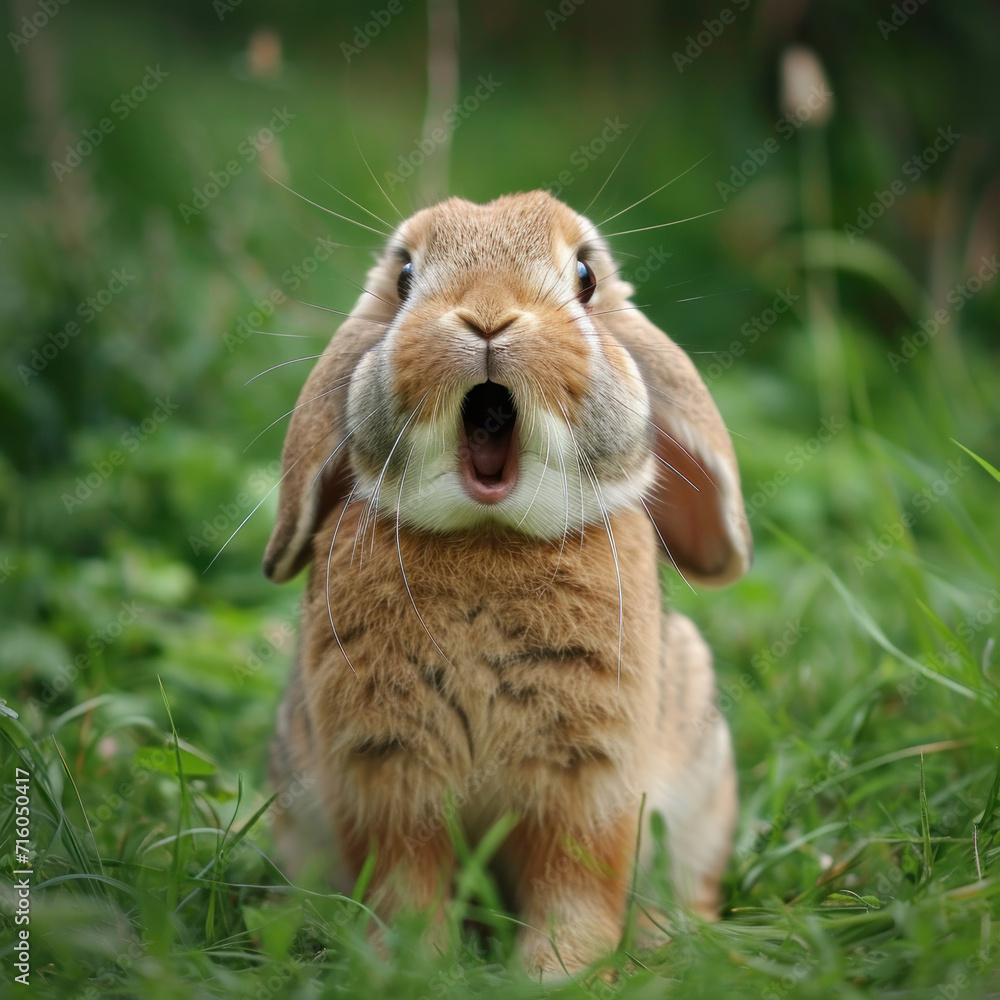 A cute brown rabbit sits in a green grassy field, mouth open as if ...