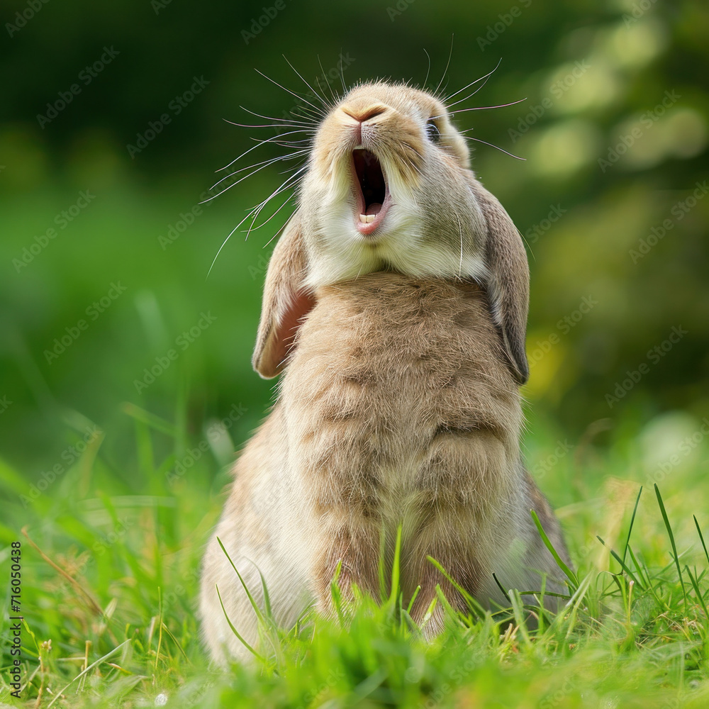 A yawning brown rabbit standing upright on green grass, with mouth wide ...