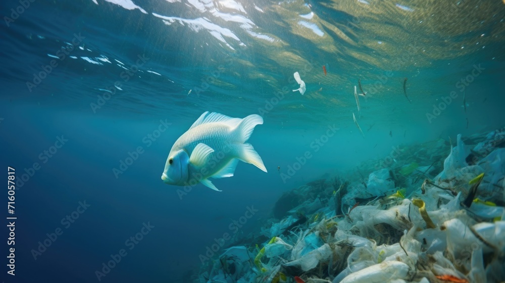 Closeup of a fish surrounded by plastic debris in the ocean, a reminder ...