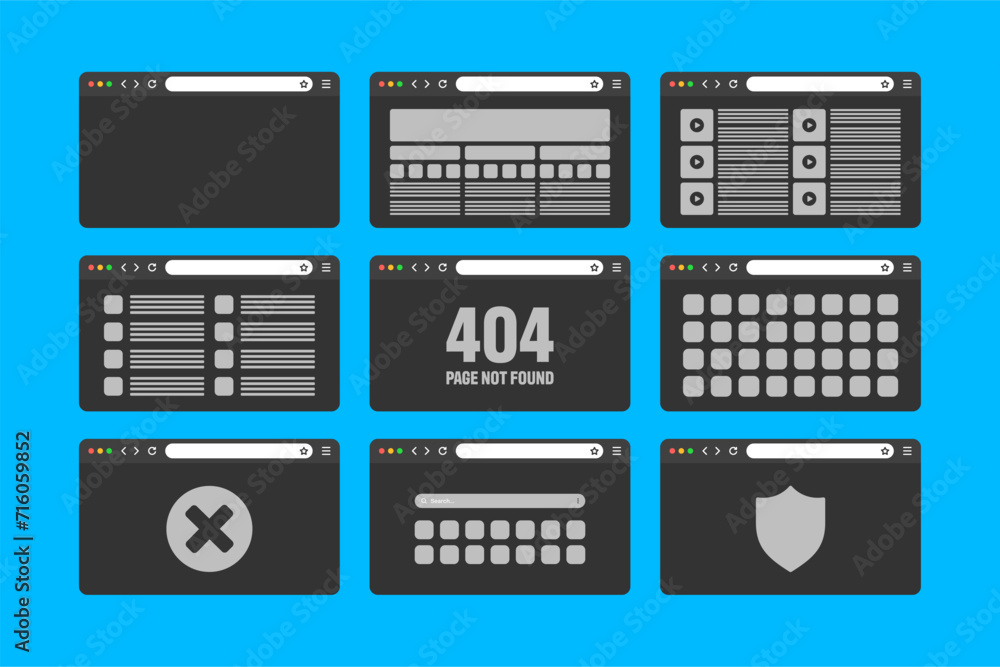 Web browser window, pages layout with toolbar and search field. Modern ...