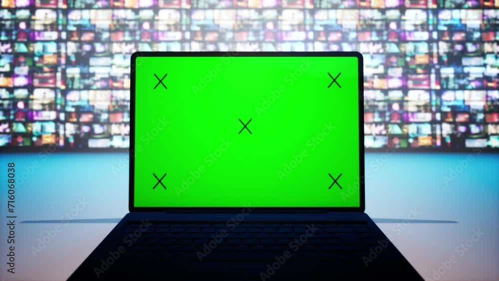 green screen animation video with laptop and many small videos on wall ...