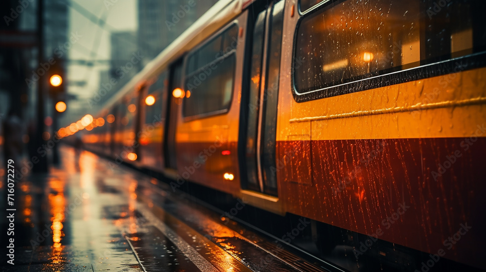 commuter train in a rainy urban setting. A crowded commuter train moves ...