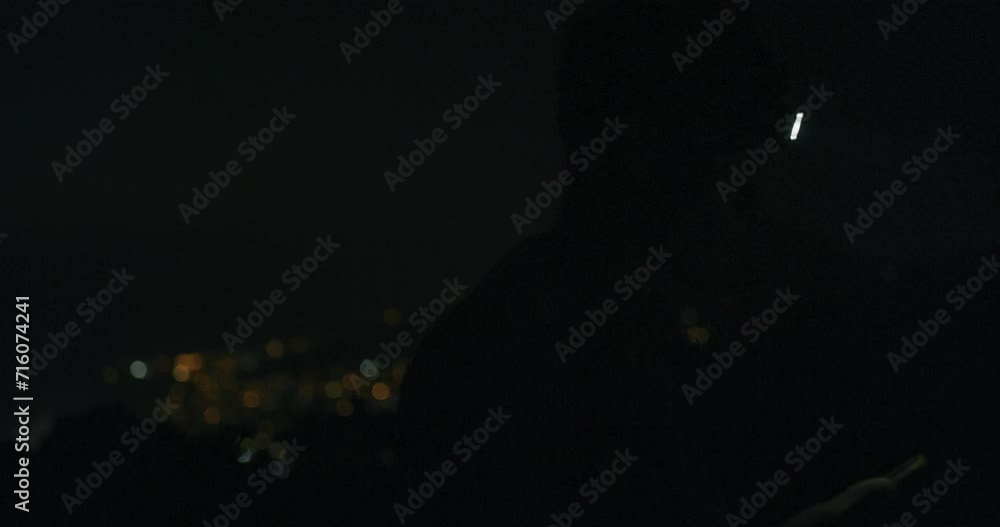 Phone, headlamp and hiking at night with man searching for directions ...