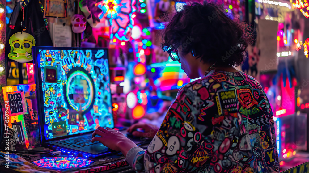 Y2K Workspace: A Guy with a Chunky Laptop Covered in Stickers Works in ...