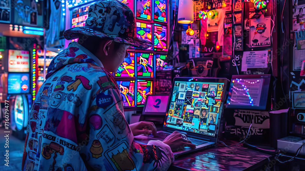 Y2K Workspace: A Guy with a Chunky Laptop Covered in Stickers Works in ...