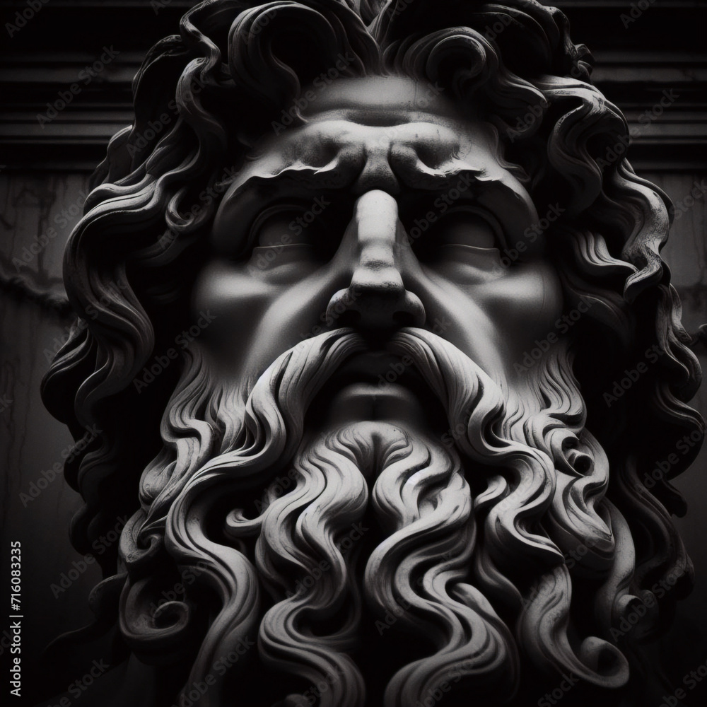 Handsome marble statue of powerful greek god Zeus over dark background ...