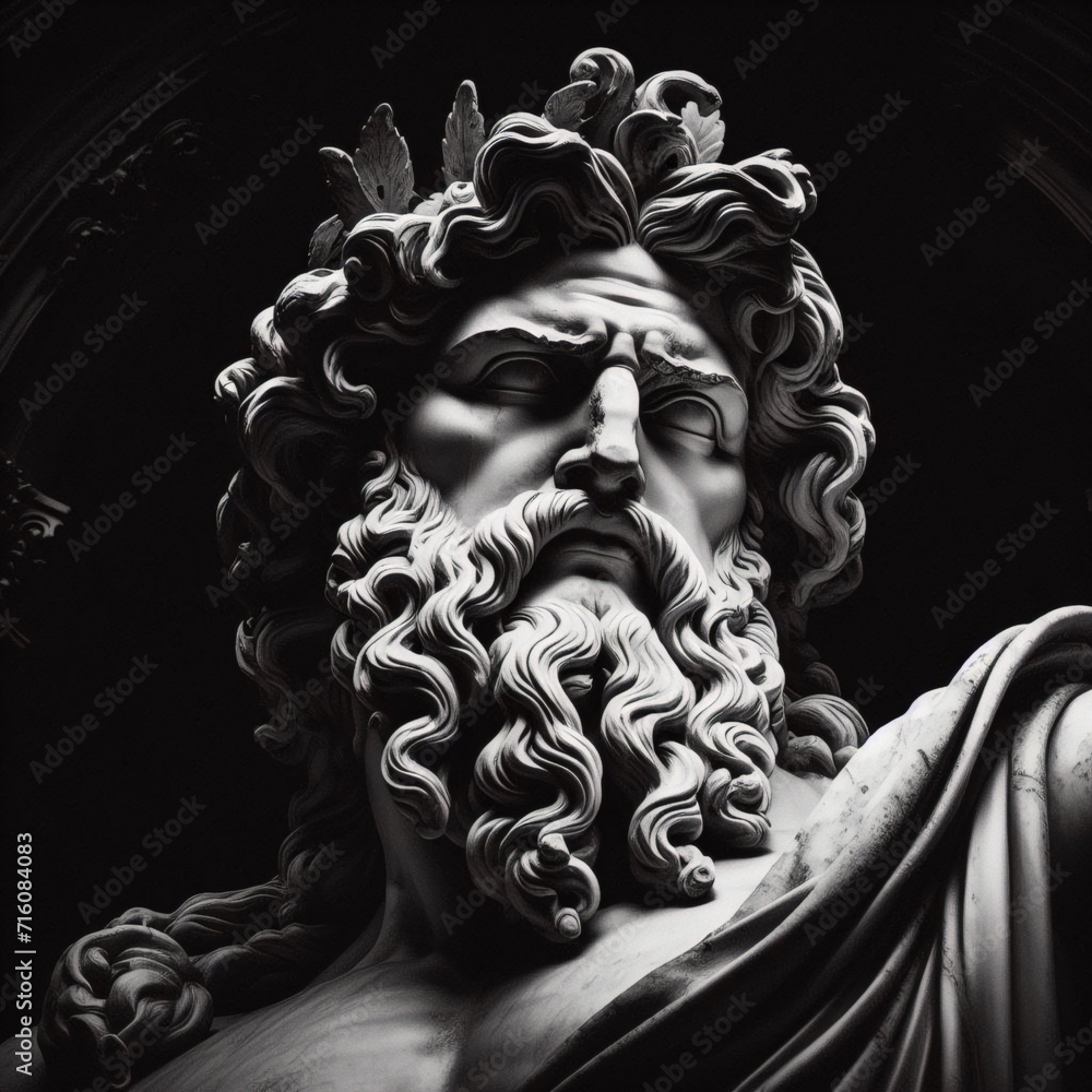 Handsome marble statue of powerful greek god Zeus over dark background ...