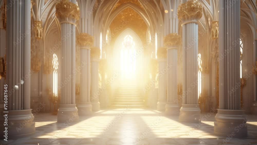A hyper-realistic fantasy 3D interior of a temple. seamless looping ...