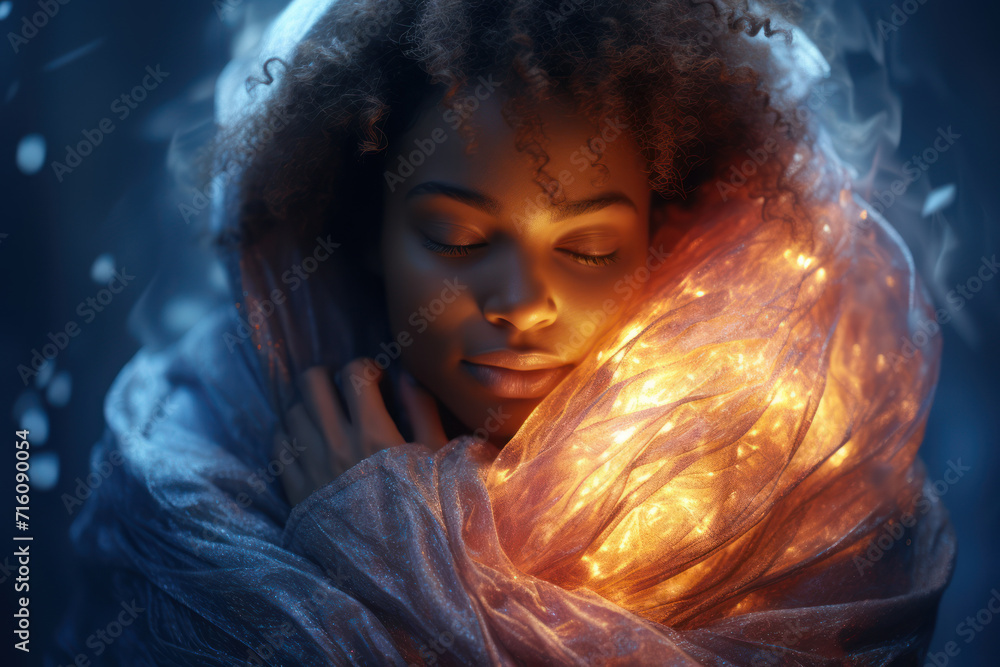 A person hugging themselves, surrounded by a glow, symbolizing self ...