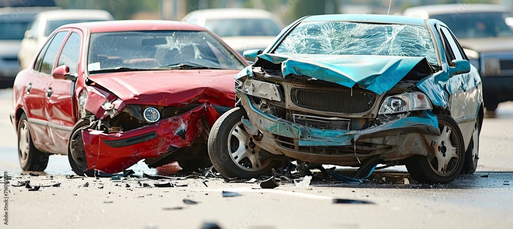 Two cars colliding head on in a high impact accident on a busy road ...