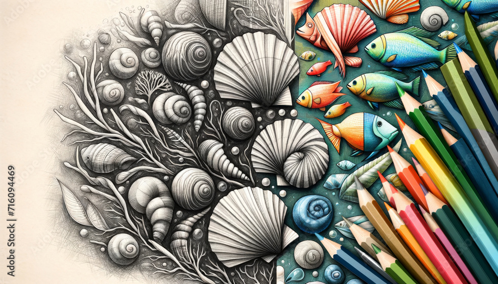 Marine Life and Color Pencils Art. Seashells and fish depicted with ...