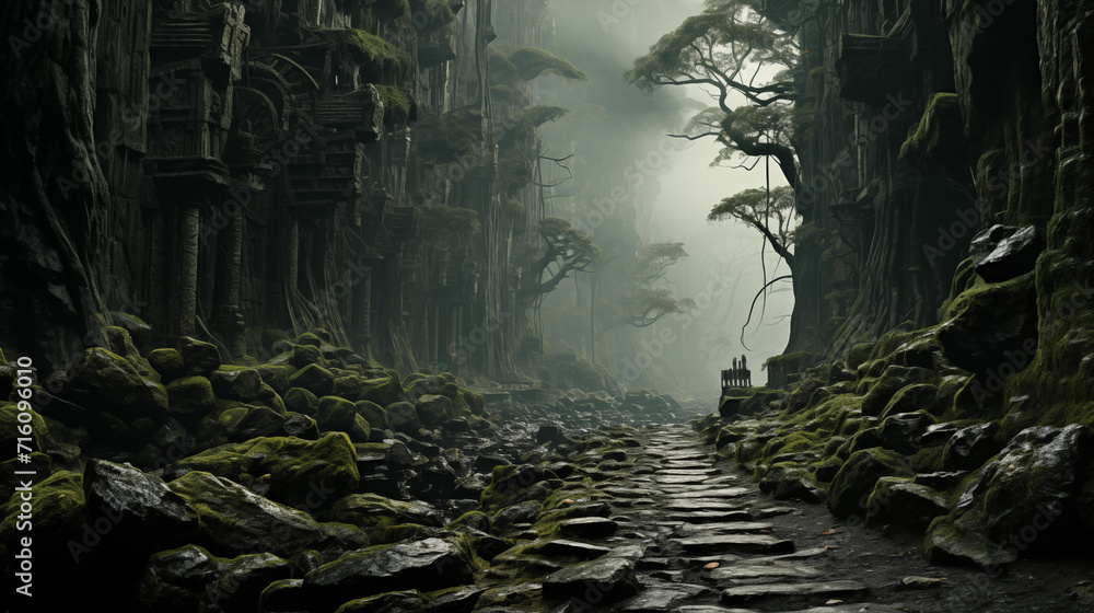 An atmospheric path winds through a mysterious forest, shrouded in mist ...