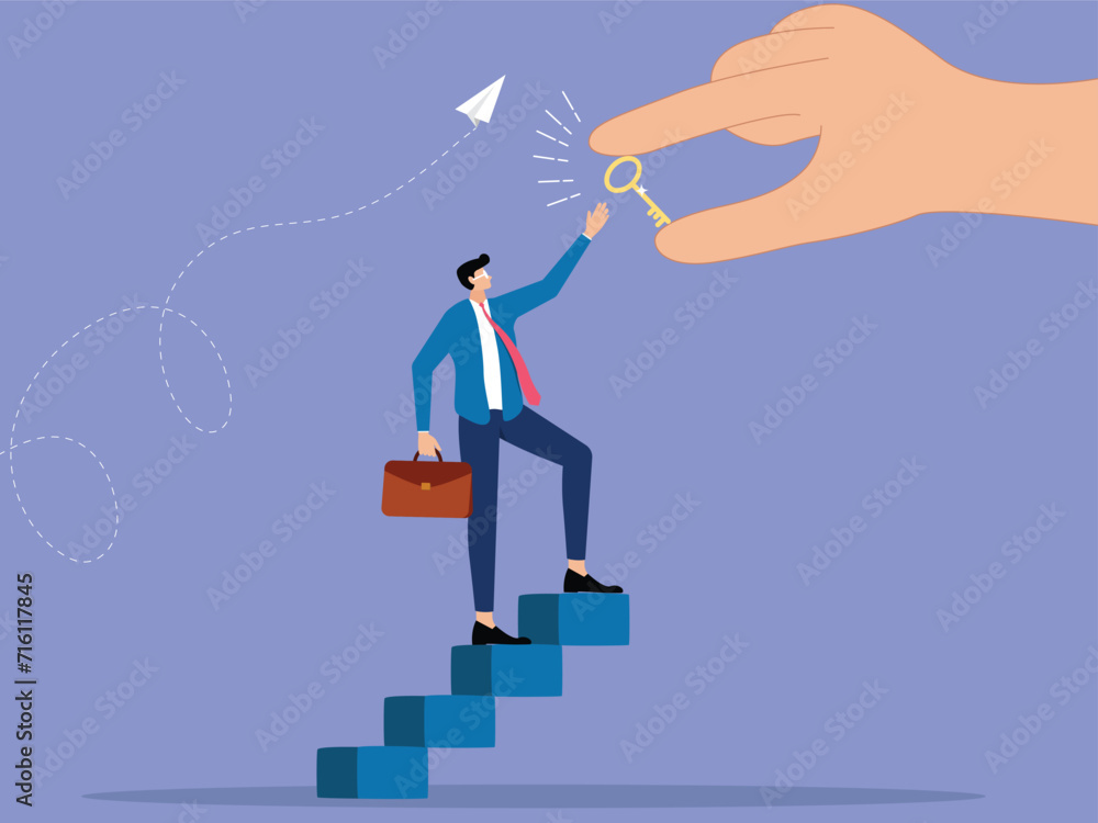 Climbing stairs and obtaining the key represent a business concept ...