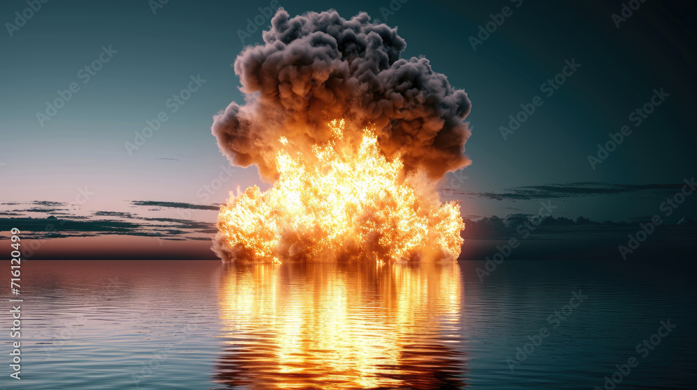 Bomb explosion in sea. Fire and smoke on water. explosion bomb in ocean ...