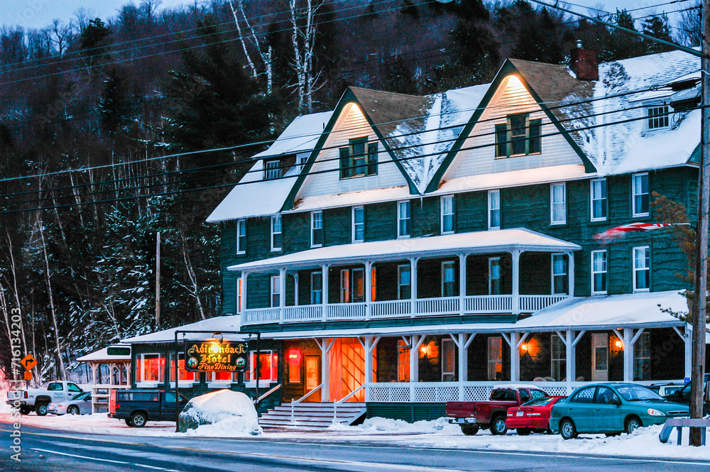 Long Lake, New York - USA: The Adirondack Hotel on an early winter ...
