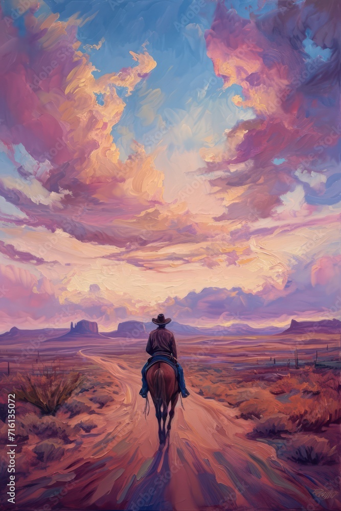Painting of a solitary cowboy riding through a vast desert landscape ...
